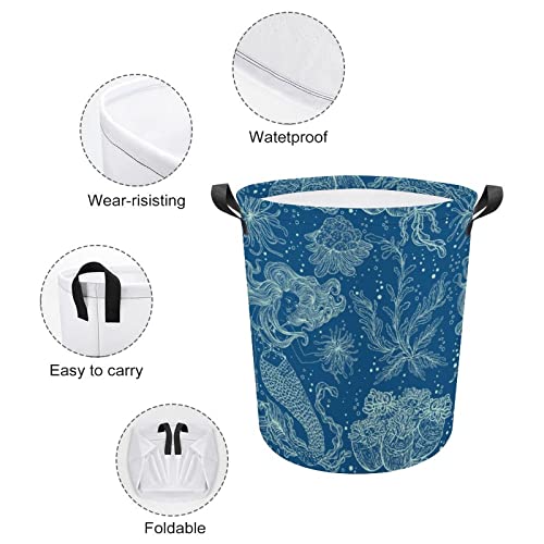 HoaMoya Collapsible Mermaids Corals Laundry Basket Summer Beach Freestanding Laundry Hamper With Handles Large Waterproof Cloth Toy Storage Bin for Household Bedroom Bathroom