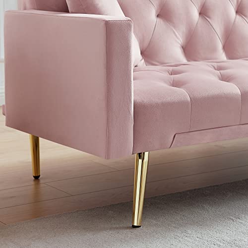 hansones Velvet Futon Sofa Bed,Sleeper Sofa Couch with Two Pillows and Golden Metal Legs for Living Room (Pink)