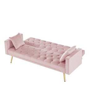 hansones Velvet Futon Sofa Bed,Sleeper Sofa Couch with Two Pillows and Golden Metal Legs for Living Room (Pink)