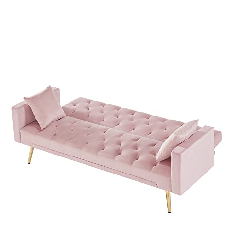 hansones Velvet Futon Sofa Bed,Sleeper Sofa Couch with Two Pillows and Golden Metal Legs for Living Room (Pink)