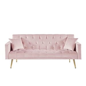 hansones Velvet Futon Sofa Bed,Sleeper Sofa Couch with Two Pillows and Golden Metal Legs for Living Room (Pink)