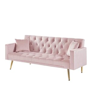 hansones Velvet Futon Sofa Bed,Sleeper Sofa Couch with Two Pillows and Golden Metal Legs for Living Room (Pink)