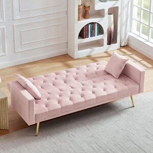 hansones Velvet Futon Sofa Bed,Sleeper Sofa Couch with Two Pillows and Golden Metal Legs for Living Room (Pink)