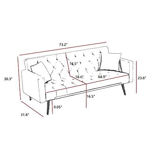 hansones Velvet Futon Sofa Bed,Sleeper Sofa Couch with Two Pillows and Golden Metal Legs for Living Room (Pink)