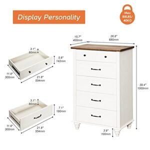 WAMPAT White 5 Drawer Dresser Chests for Bedroom, Mid Century Modern Dresser Storage Organizer with Metal Handles & Solid Wood Legs, Small Wood Dresser for Kid Room, Living Room