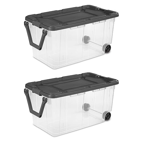 AVSAN Wheeled Industrial Tote Plastic Storage Box with Durable Lid 40 Gallon /151 Liter Rolling Storage Bins with Lids & Base w/Racer Red Handle & Latches, Black， 2-Pack