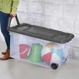 AVSAN Wheeled Industrial Tote Plastic Storage Box with Durable Lid 40 Gallon /151 Liter Rolling Storage Bins with Lids & Base w/Racer Red Handle & Latches, Black， 2-Pack