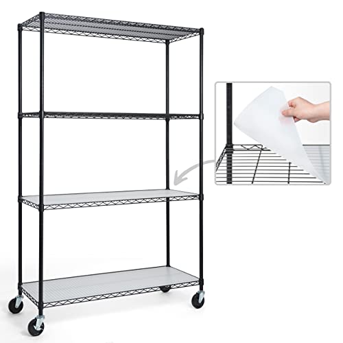 Fencer Wire NSF Commercial Heavy Duty Wire Shelving w/Wheels, Leveling Feet & Liners, Kitchen Storage Shelf, Garage Shelving Storage, Utility Wire Rack Storage Shelves, w/Liner, 48 x 18 x 76 4-Tier