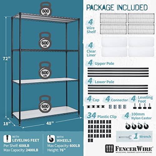 Fencer Wire NSF Commercial Heavy Duty Wire Shelving w/Wheels, Leveling Feet & Liners, Kitchen Storage Shelf, Garage Shelving Storage, Utility Wire Rack Storage Shelves, w/Liner, 48 x 18 x 76 4-Tier