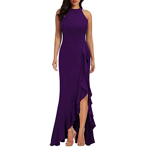 Ladies New Summer Dresses, Dresses for Women 2023 Beach Vacation Outfits Dresses Long Women's High Halter Neck Sexy Split Body-Con Mermaid Evening Cocktail Party Maxi Formal Dress (XL, Purple)