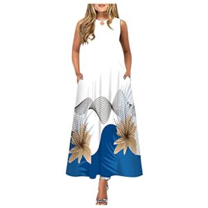 women's cocktail dresses, women's dresses casual dress to hide tummy sleeveless bodycon dresses for women casual summer printing big hem dresswave round neck long dress sun (l, light blue)