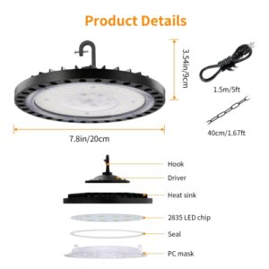 FAMURE LED UFO High Bay Light,100W 12000LM with Plug 5ft Cords Led Workshop Lighting IP65 Waterproof Outdoor Security Light led floodlight Garage Lighting LED Commercial Bay Lighting 1pack