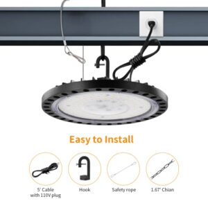 FAMURE LED UFO High Bay Light,100W 12000LM with Plug 5ft Cords Led Workshop Lighting IP65 Waterproof Outdoor Security Light led floodlight Garage Lighting LED Commercial Bay Lighting 1pack