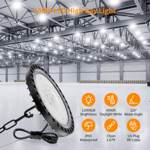 FAMURE LED UFO High Bay Light,100W 12000LM with Plug 5ft Cords Led Workshop Lighting IP65 Waterproof Outdoor Security Light led floodlight Garage Lighting LED Commercial Bay Lighting 1pack