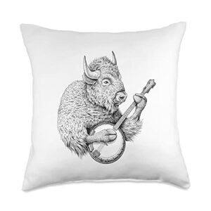 banjo bison buffalo retro bison animal playing banjo throw pillow, 18x18, multicolor