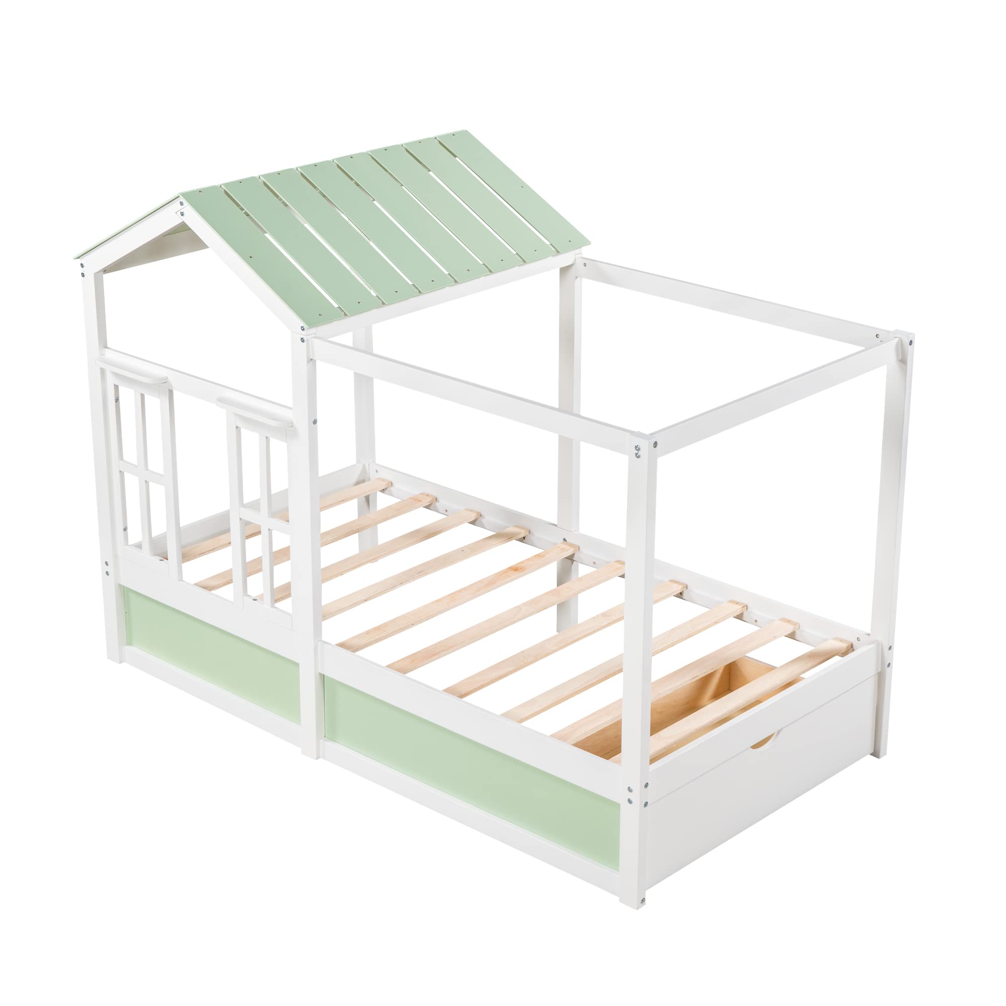 Twin House Bed with Storage Drawer for Kids Wood Cabin Tent Bed Frame for Girls Boys Montessori Beds with Roof and Window Twin Size, Green