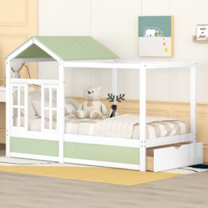 Twin House Bed with Storage Drawer for Kids Wood Cabin Tent Bed Frame for Girls Boys Montessori Beds with Roof and Window Twin Size, Green