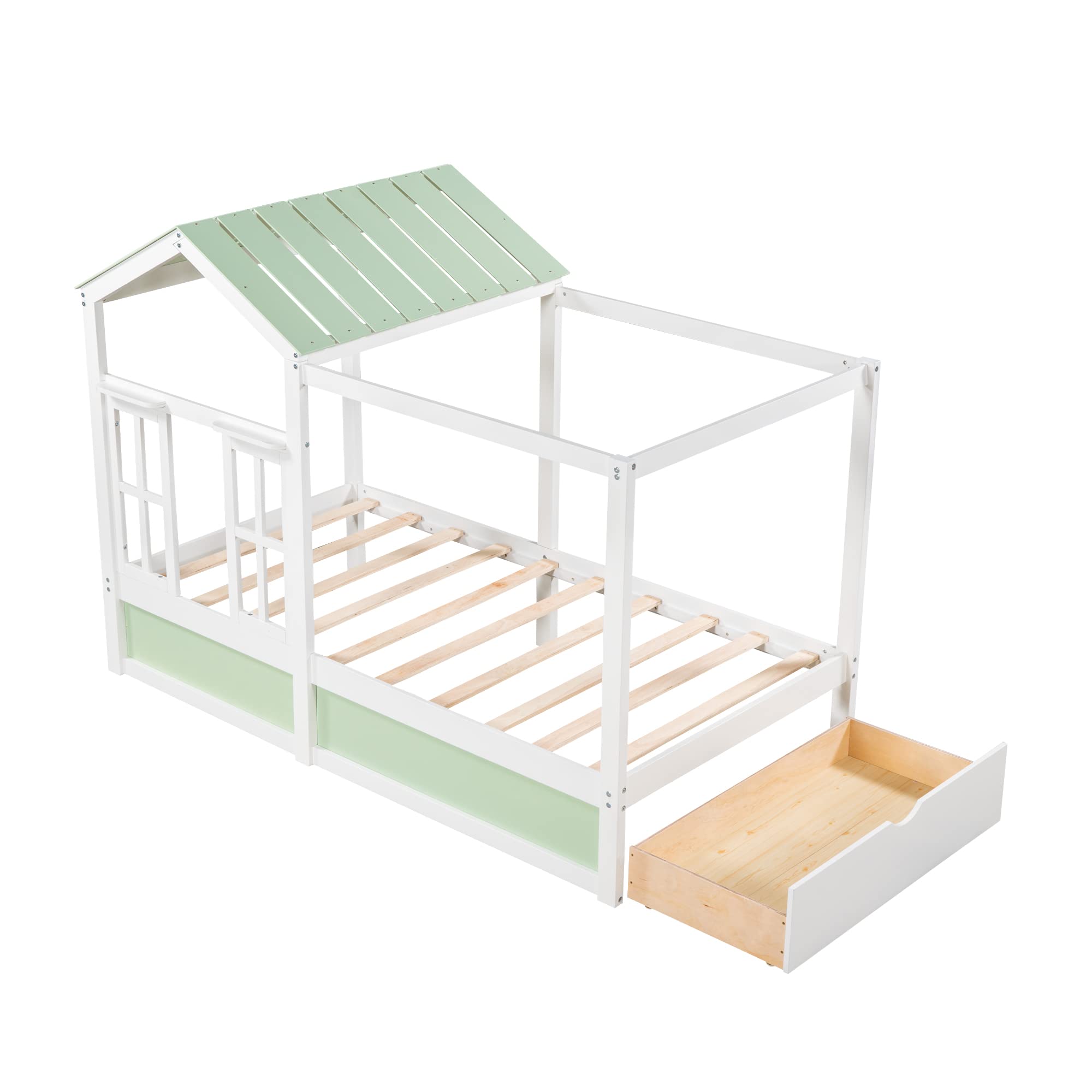 Twin House Bed with Storage Drawer for Kids Wood Cabin Tent Bed Frame for Girls Boys Montessori Beds with Roof and Window Twin Size, Green