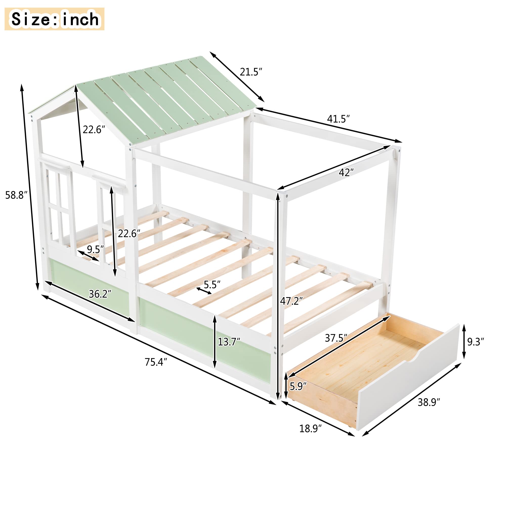 Twin House Bed with Storage Drawer for Kids Wood Cabin Tent Bed Frame for Girls Boys Montessori Beds with Roof and Window Twin Size, Green