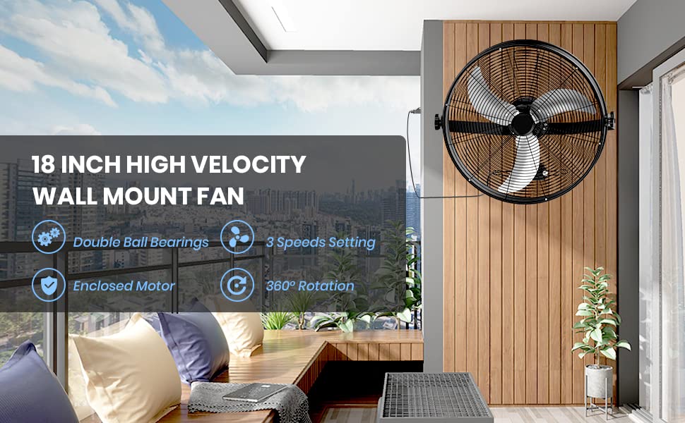 InfiniPower 18 Inch High Velocity Wall Mount Fan with Rack, 3 Speed Industrial/Commercial Metal Ventilation Fan