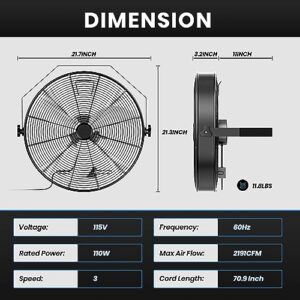 Simple Deluxe 18 Inch High Velocity Wall Mount Fan with Rack, 3 Speed Industrial/Commercial Metal Ventilation Fan, Black