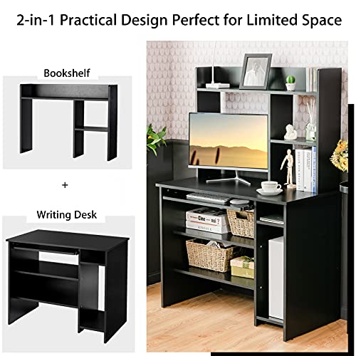 IFANNY Computer Desk with Hutch, Wood Office Desk with Keyboard Tray, Storage Shelves and CPU Stand, Work Desk for Home Office, Corner Writing Desk for Small Spaces