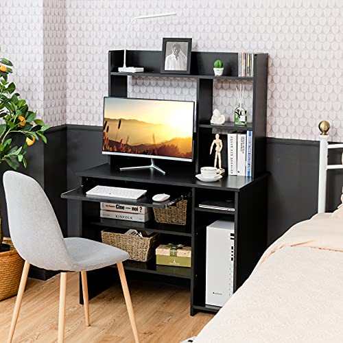 IFANNY Computer Desk with Hutch, Wood Office Desk with Keyboard Tray, Storage Shelves and CPU Stand, Work Desk for Home Office, Corner Writing Desk for Small Spaces