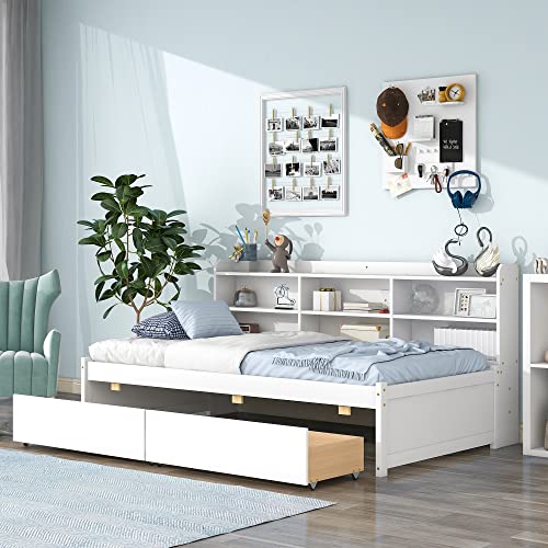 HomSof Twin Bed with Side Bookcase, Drawers,White