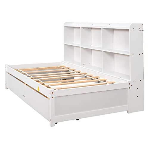 HomSof Twin Bed with Side Bookcase, Drawers,White