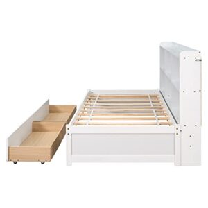 HomSof Twin Bed with Side Bookcase, Drawers,White