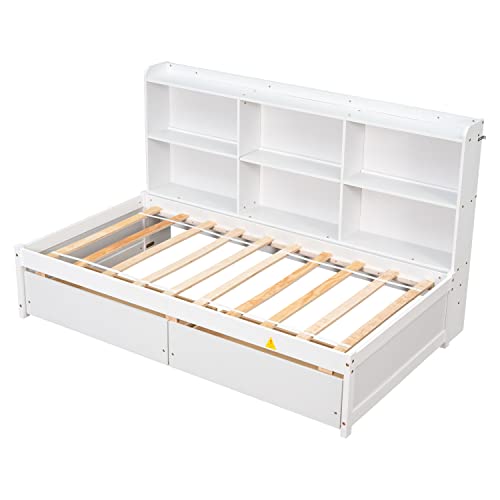 HomSof Twin Bed with Side Bookcase, Drawers,White