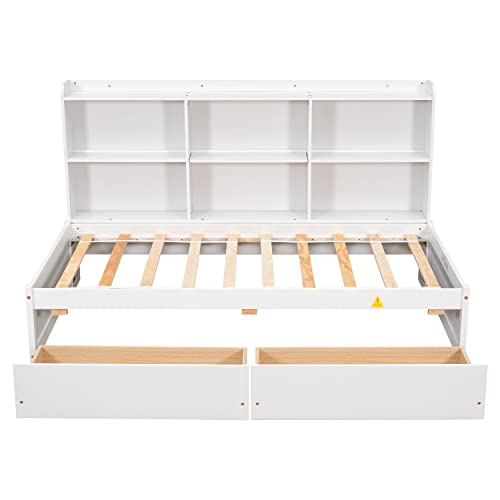 HomSof Twin Bed with Side Bookcase, Drawers,White