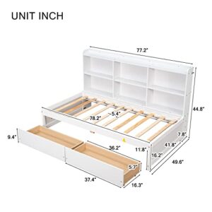 HomSof Twin Bed with Side Bookcase, Drawers,White