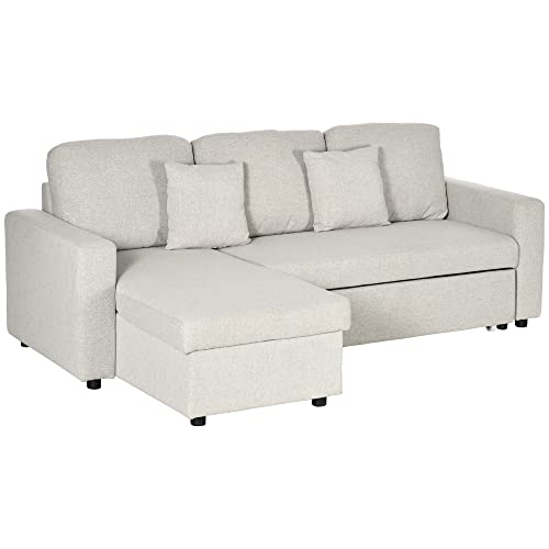 HOMCOM Sectional Sleeper Sofa, Linen Fabric L Shaped Couch with Pull Out Bed, Reversible Storage Chaise for Living Room, Apartment, 3-seat, Cream White