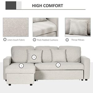 HOMCOM Sectional Sleeper Sofa, Linen Fabric L Shaped Couch with Pull Out Bed, Reversible Storage Chaise for Living Room, Apartment, 3-seat, Cream White