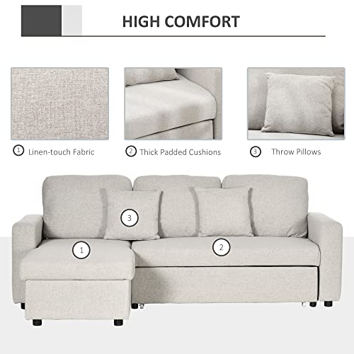 HOMCOM Sectional Sleeper Sofa, Linen Fabric L Shaped Couch with Pull Out Bed, Reversible Storage Chaise for Living Room, Apartment, 3-seat, Cream White