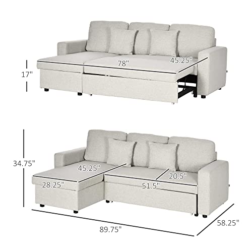 HOMCOM Sectional Sleeper Sofa, Linen Fabric L Shaped Couch with Pull Out Bed, Reversible Storage Chaise for Living Room, Apartment, 3-seat, Cream White