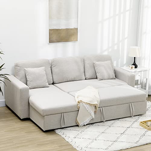 HOMCOM Sectional Sleeper Sofa, Linen Fabric L Shaped Couch with Pull Out Bed, Reversible Storage Chaise for Living Room, Apartment, 3-seat, Cream White