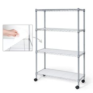 fencer wire nsf adjustable height wire shelving w/liner & wheels, rolling basement storage shelving, metal storage shelving, garage shelving storage organizer, utility shelf, w/liner, 4-tier silver