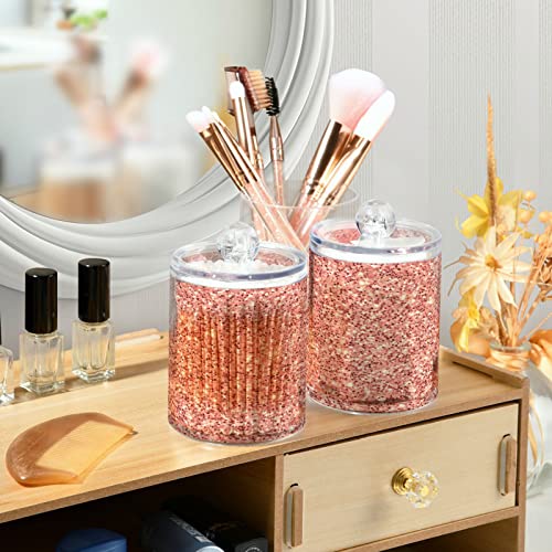 Nander 2Pack Qtip Holder Dispenser -Glittering Rose Gold Clear Plastic Apothecary Jars Set - Restroom Bathroom Makeup Organizers Containers for Cotton Swab, Ball, Pads, Floss