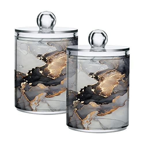 Nander 2Pack Qtip Holder Dispenser -Black Gold Marble Texture Clear Plastic Apothecary Jars Set - Restroom Bathroom Makeup Organizers Containers for Cotton Swab, Ball, Pads, Floss