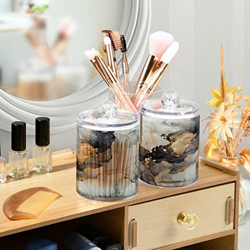 Nander 2Pack Qtip Holder Dispenser -Black Gold Marble Texture Clear Plastic Apothecary Jars Set - Restroom Bathroom Makeup Organizers Containers for Cotton Swab, Ball, Pads, Floss