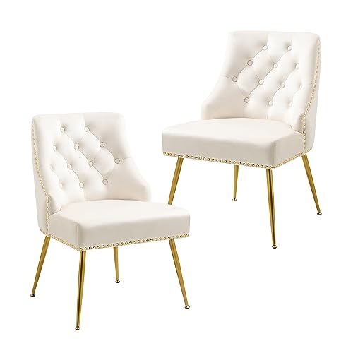 WQSLHX Modern Velvet Dining Chairs Set of 2, Upholstered Button-Tufted Armless Accent Chairs with Golden Legs for Kitchen & Dining Room Living Room, Beige