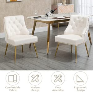 WQSLHX Modern Velvet Dining Chairs Set of 2, Upholstered Button-Tufted Armless Accent Chairs with Golden Legs for Kitchen & Dining Room Living Room, Beige