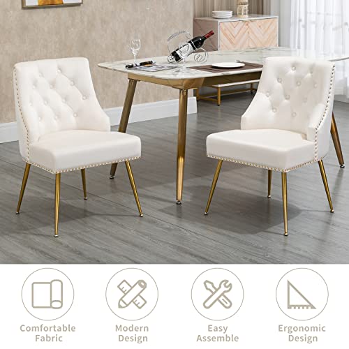 WQSLHX Modern Velvet Dining Chairs Set of 2, Upholstered Button-Tufted Armless Accent Chairs with Golden Legs for Kitchen & Dining Room Living Room, Beige