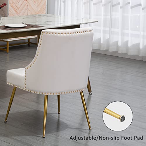 WQSLHX Modern Velvet Dining Chairs Set of 2, Upholstered Button-Tufted Armless Accent Chairs with Golden Legs for Kitchen & Dining Room Living Room, Beige