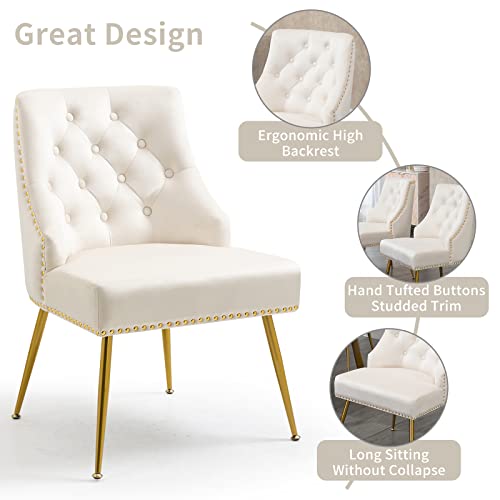 WQSLHX Modern Velvet Dining Chairs Set of 2, Upholstered Button-Tufted Armless Accent Chairs with Golden Legs for Kitchen & Dining Room Living Room, Beige