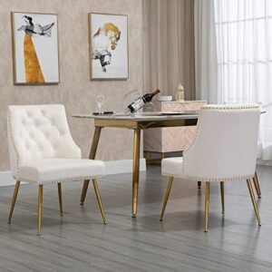 WQSLHX Modern Velvet Dining Chairs Set of 2, Upholstered Button-Tufted Armless Accent Chairs with Golden Legs for Kitchen & Dining Room Living Room, Beige