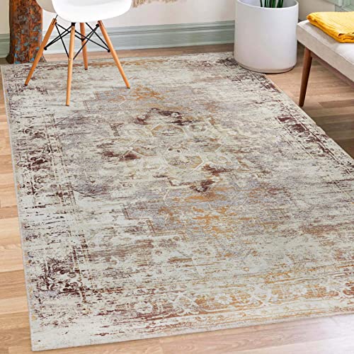 SUPERIOR Washable Indoor Runner Rug, Unique Home Floor Throw for Living Space, Dining Room, Office, Bedroom, Hallway, Entryway, Rustic Distressed Geometric Decor, Dove Collection, 6' x 9'