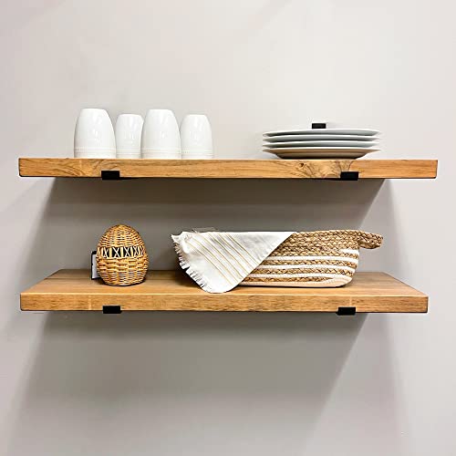 Rustic Shelves with J-Brackets Set of 2, Industrial Shelf, Kitchen Shelves, Solid Wood, Decorative Wall Storage, Heavy Duty, URBANDI (Brown, 24Wx10D)